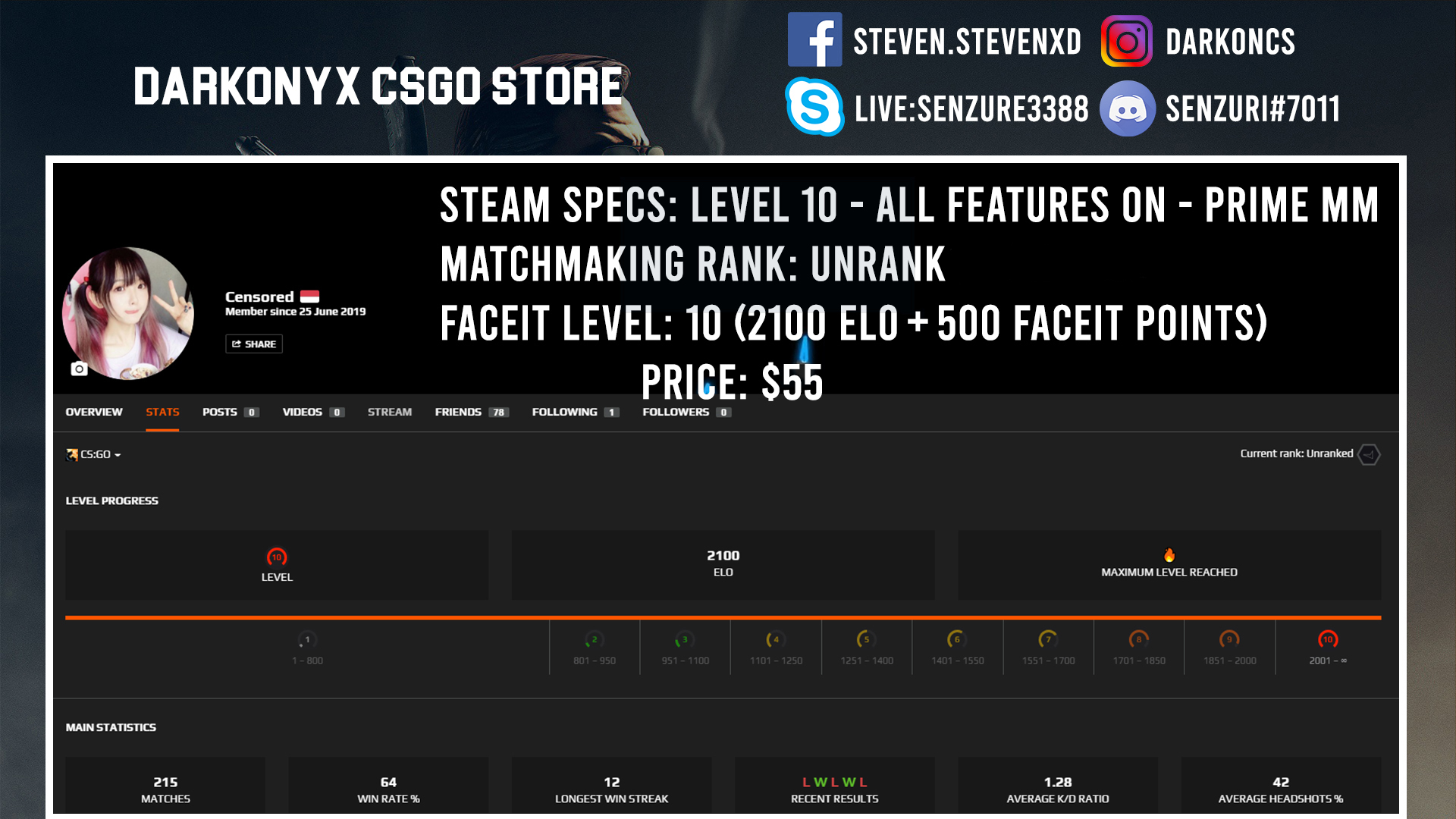 SOLD - (Verified Store) Faceit Level 10 (2100 Elo + Prime Matchmaking ...