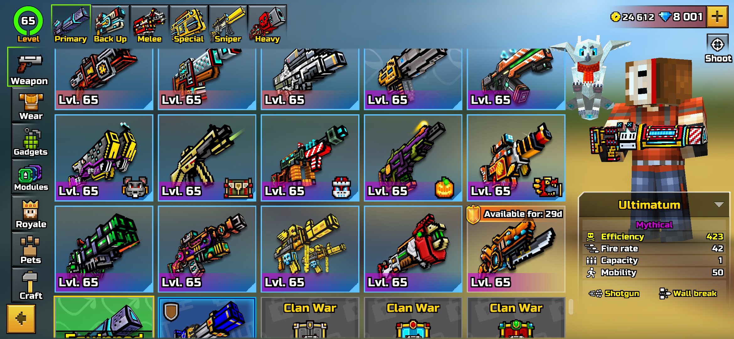 Selling - PG3D lvl 65 account, many weapons and lots of currency ...
