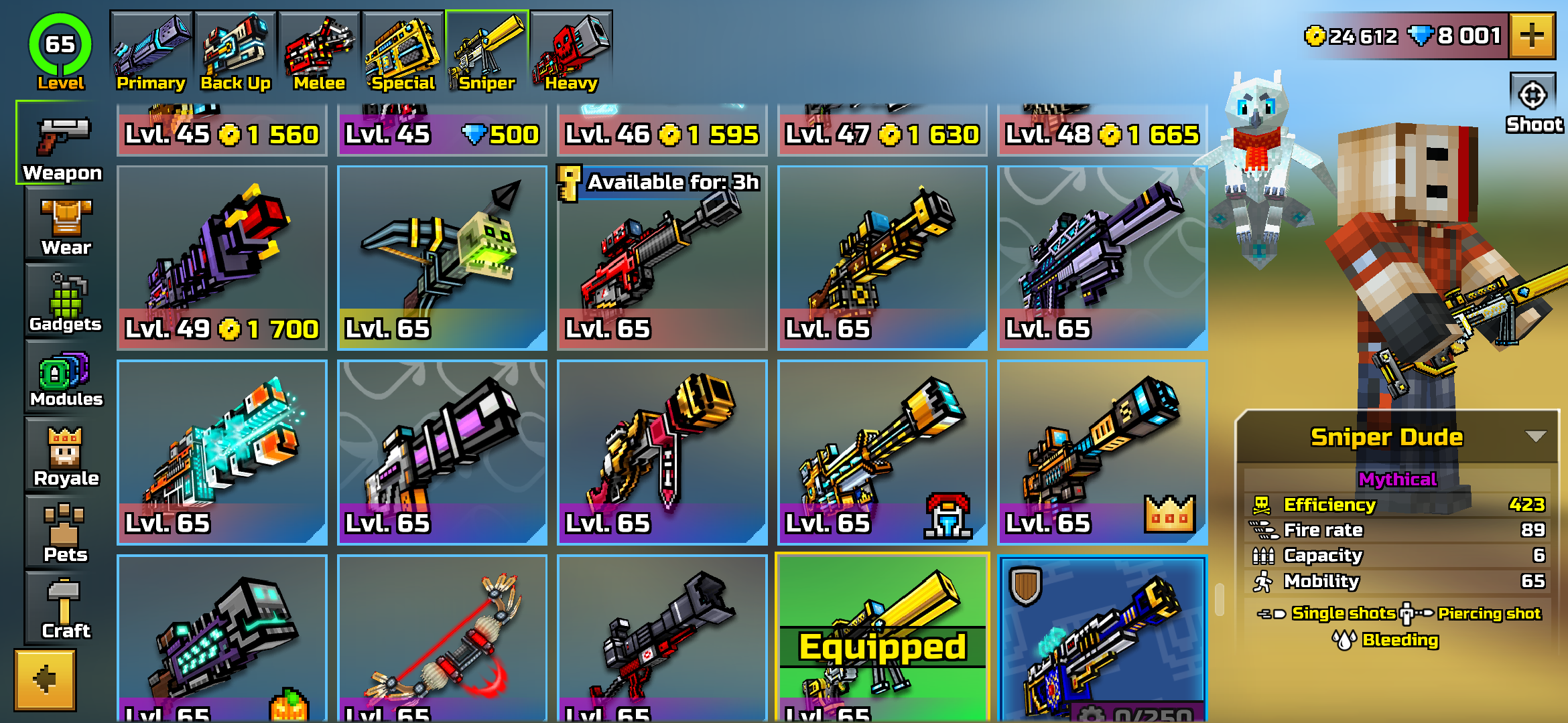 Selling - PG3D lvl 65 account, many weapons and lots of currency ...