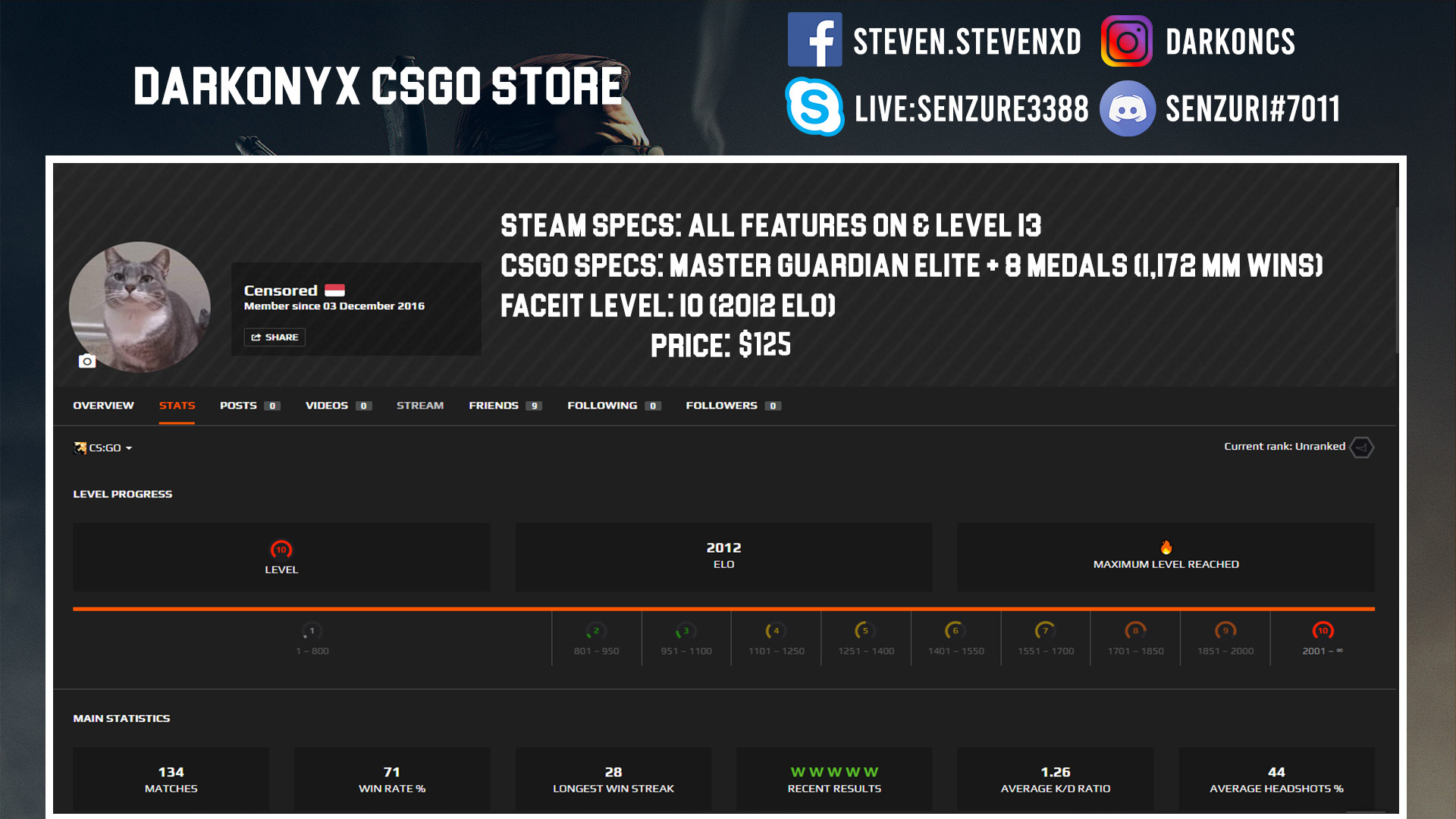 SOLD - (Verified ) Faceit Level 10 (2012 Elo) - 8 Medals - Prime MGE ...