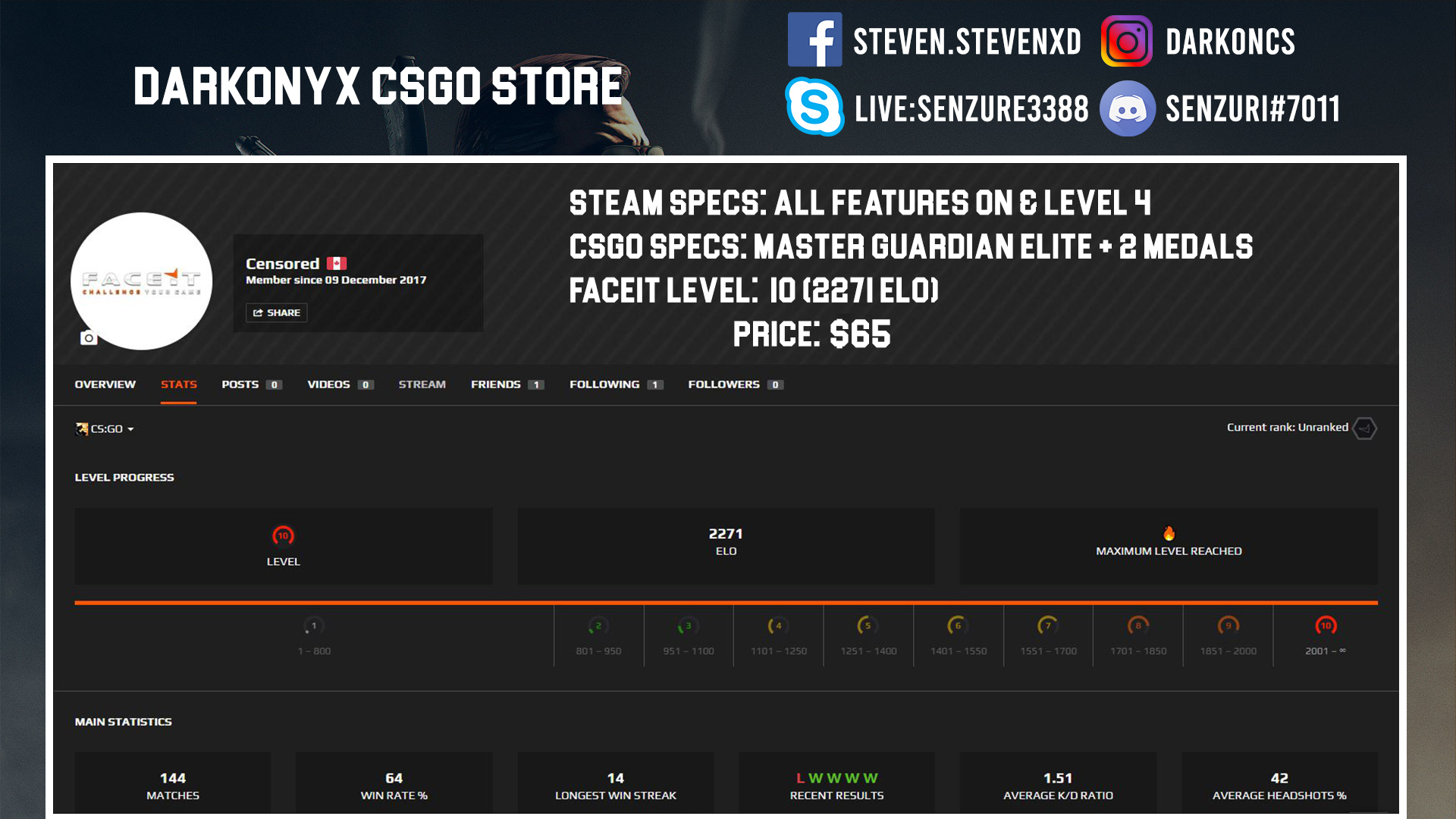 SOLD - (Verified ) Faceit Level 10 (2271 Elo) - 2 Medals - Prime MGE ...