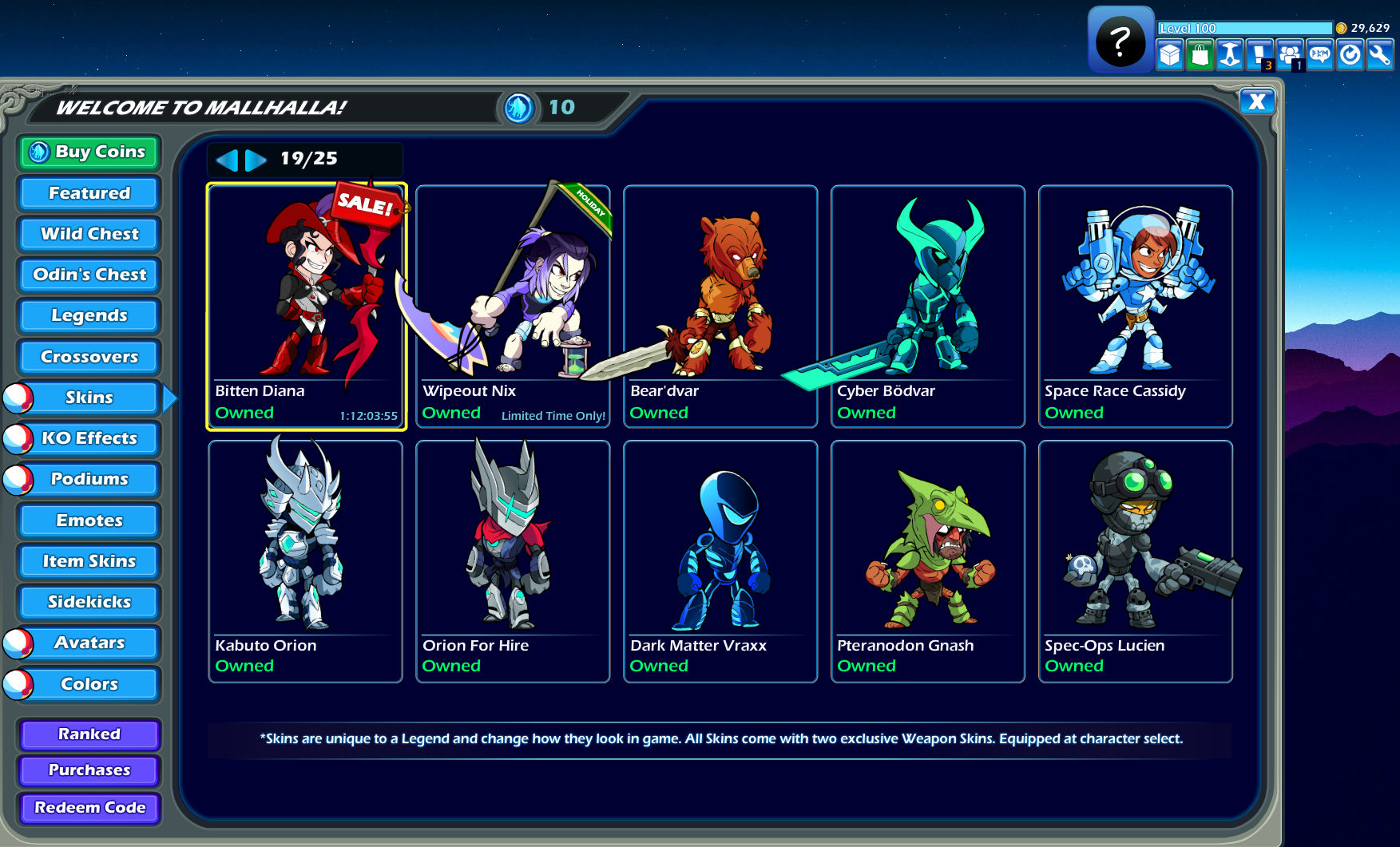 Selling - selling brawlhalla account, 100lv, dlc, skins, 1800highest ...