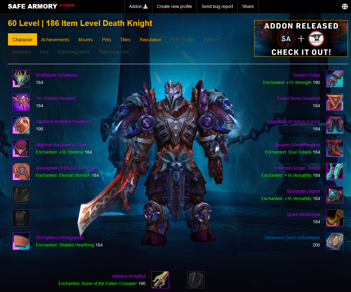 SOLD - 186.5 Blood Death Knight | Thunderfury Transmog | Loremaster ...